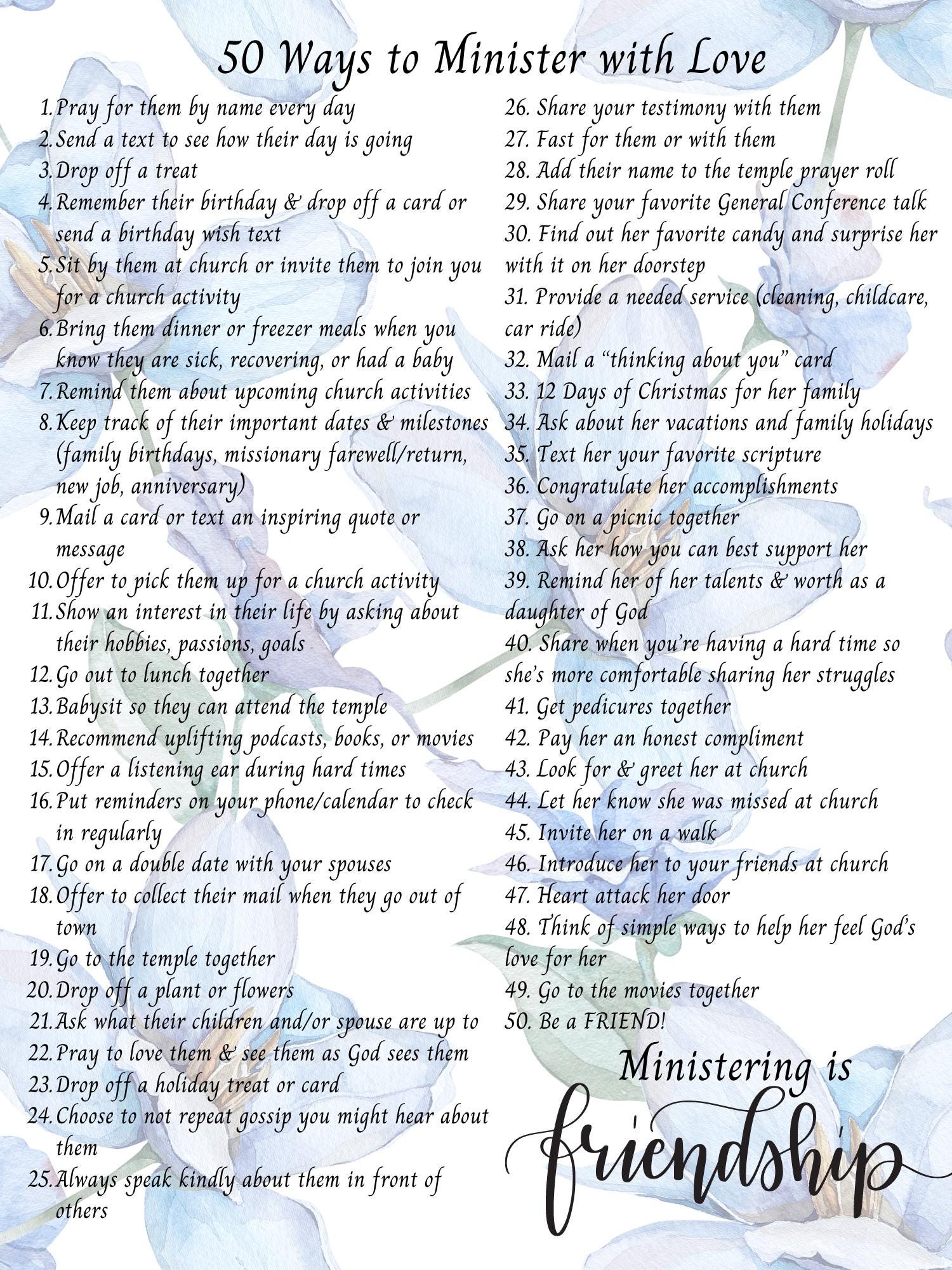 LDS Relief Society Ministering Ideas, "50 Ways to Minister With Love ...