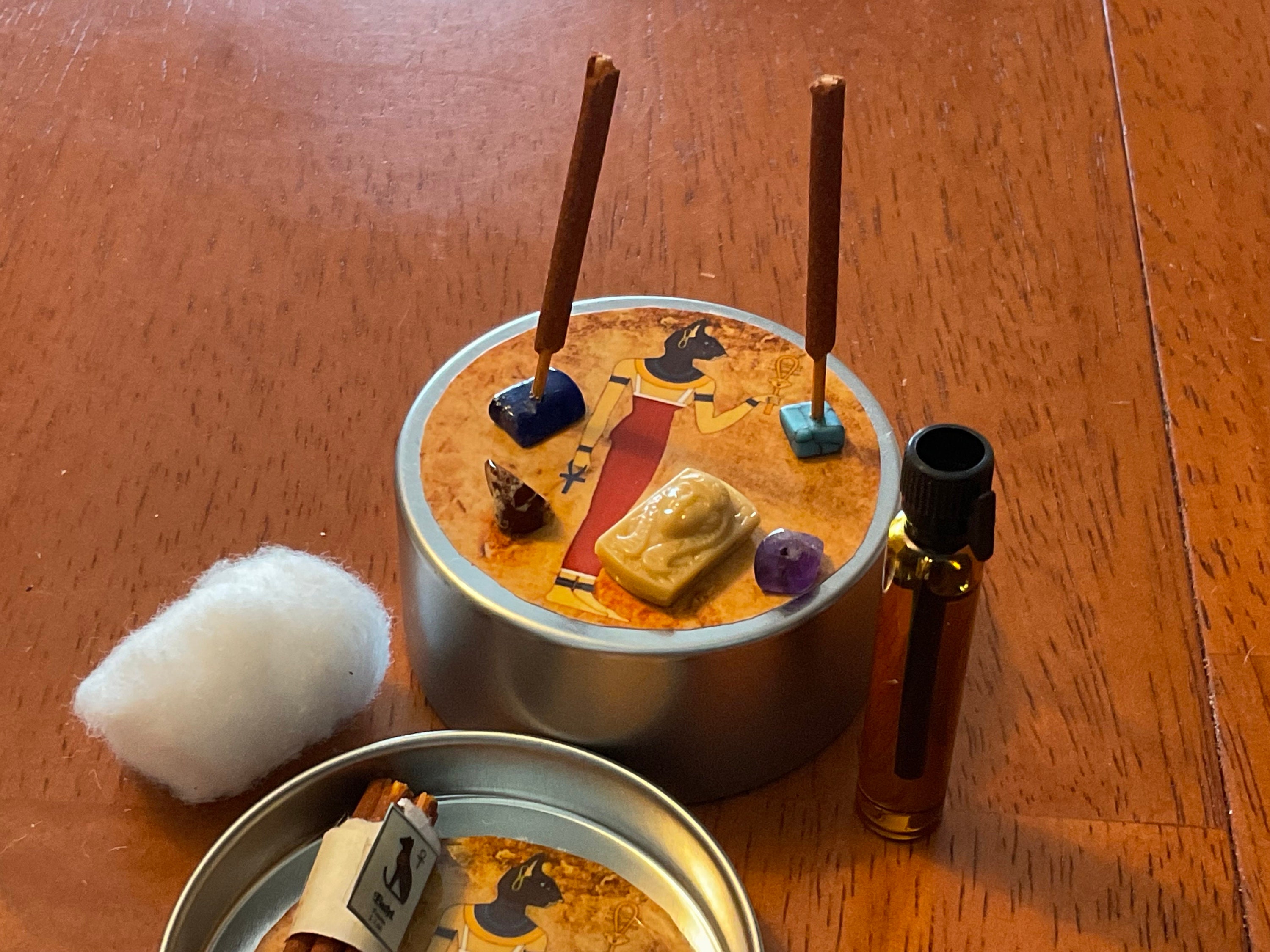 Traveling Bastet Tin Altar. Tiny Tin Filled With Elements, Incense ...