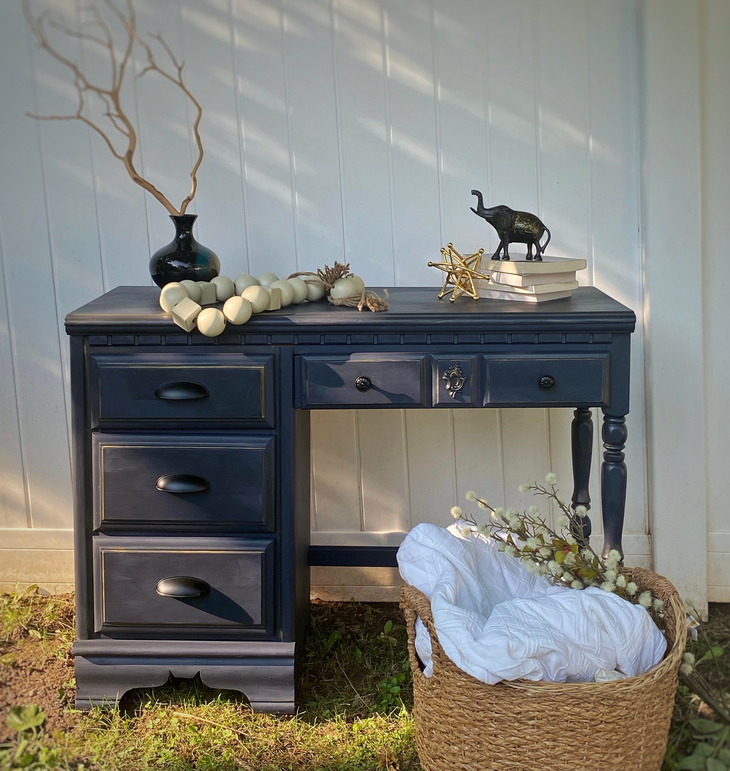 Soldvintage Wood Desk or Vanity Painted Blue 4 Drawers - Etsy