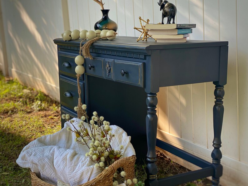 Soldvintage Wood Desk or Vanity Painted Blue 4 Drawers - Etsy