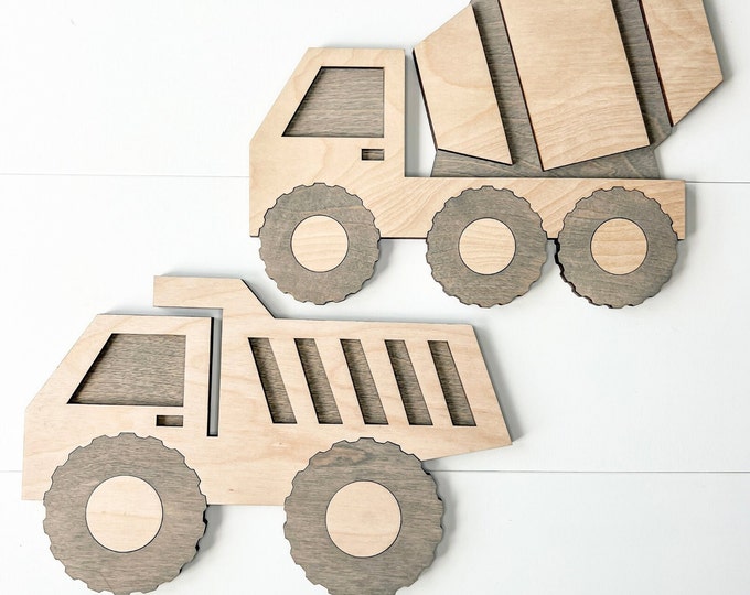 Wooden Construction Vehicles, Kids Truck Wall Hanging, Boys Room Decor ...