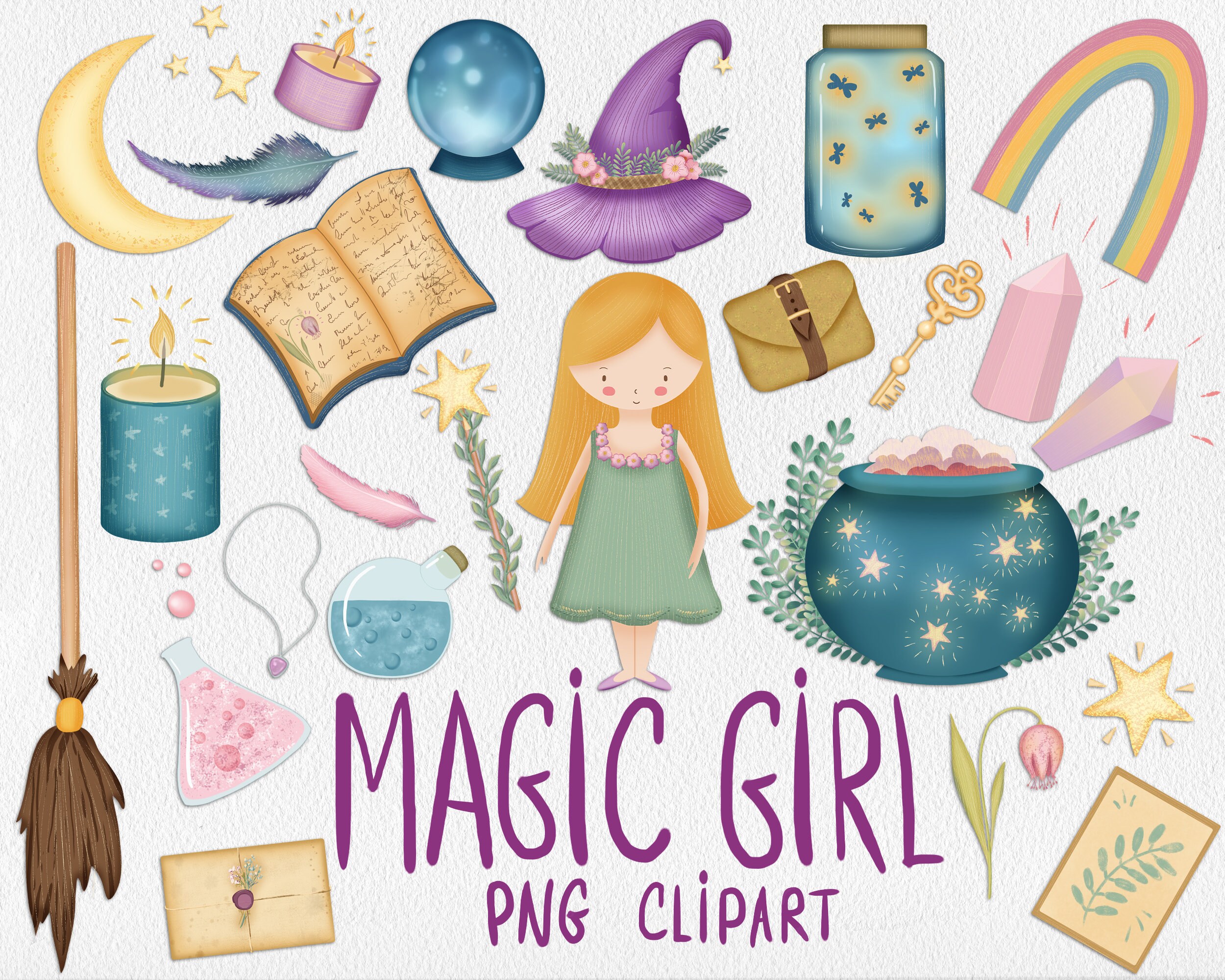 Magical Clipart Set, Mystical Clipart, Whimsical Clipart, Magic Staff ...