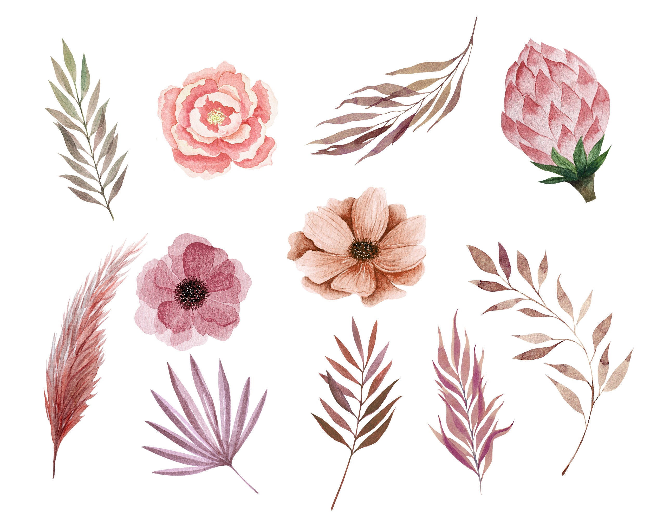 Boho Flowers Clipart, Dried Leaves and Flowers Illustration, Botanical ...