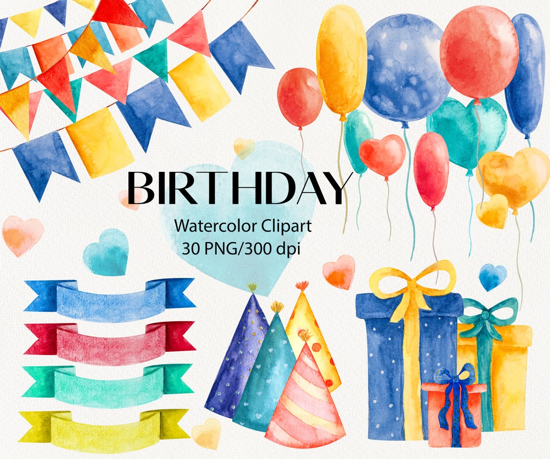 Birthday Party Clipart Set, Celebration Clipart, Banner, Balloon, Flag ...