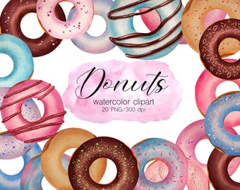 Watercolor Donut Clipart Bundle Sweet Bakery Food Clip Art Birthday ...