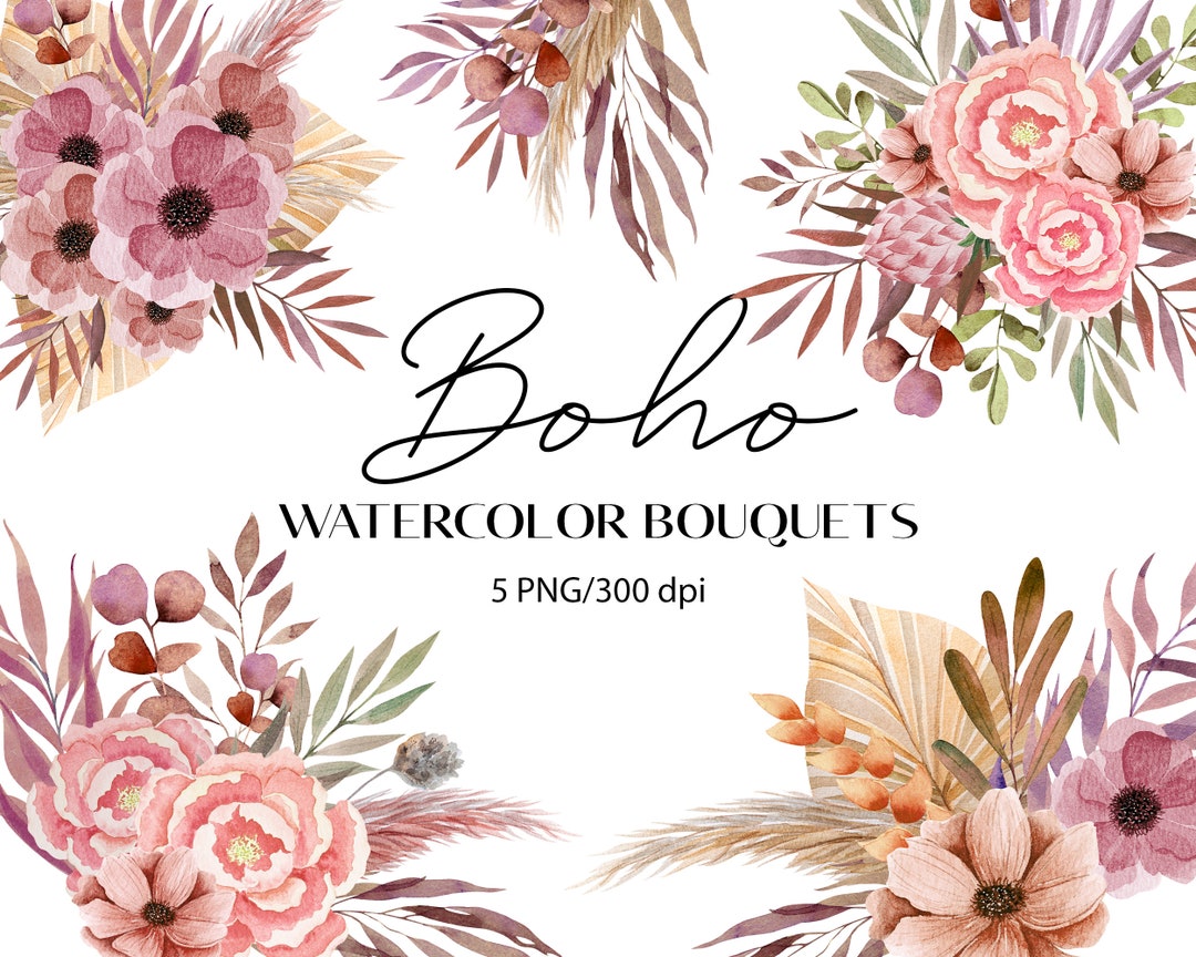 Boho Flowers Bouquets Clipart, Arrangement, Botanical Clipart, Wedding ...