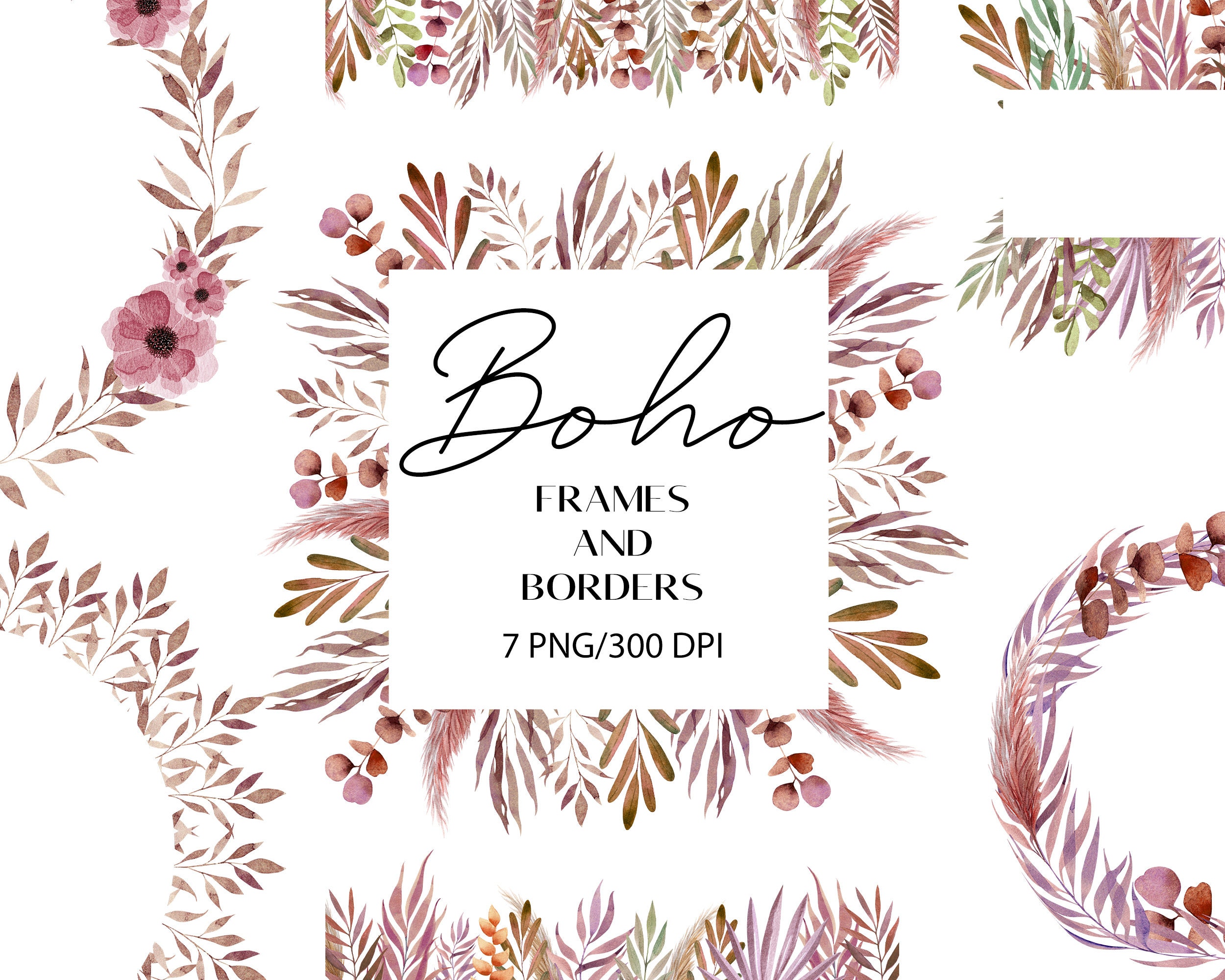 Boho Frames Clipart, Wreaths and Borders, Floral Clipart, Boho Clipart ...