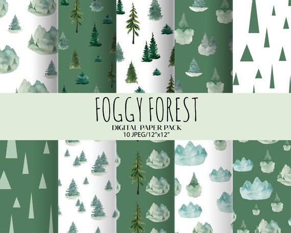 Foggy Forest Digital Paper Pack Watercolor Mountain - Etsy