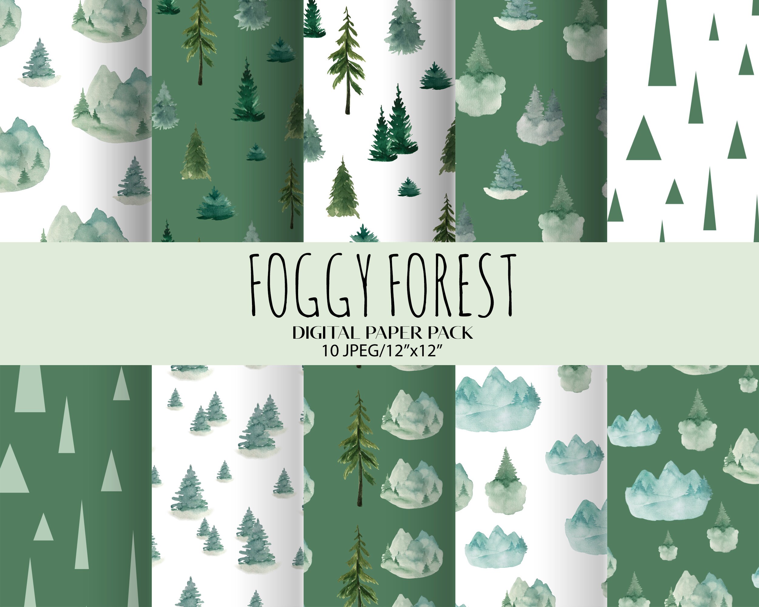 Foggy Forest Digital Paper Pack, Watercolor Mountain Landscape, Pine ...
