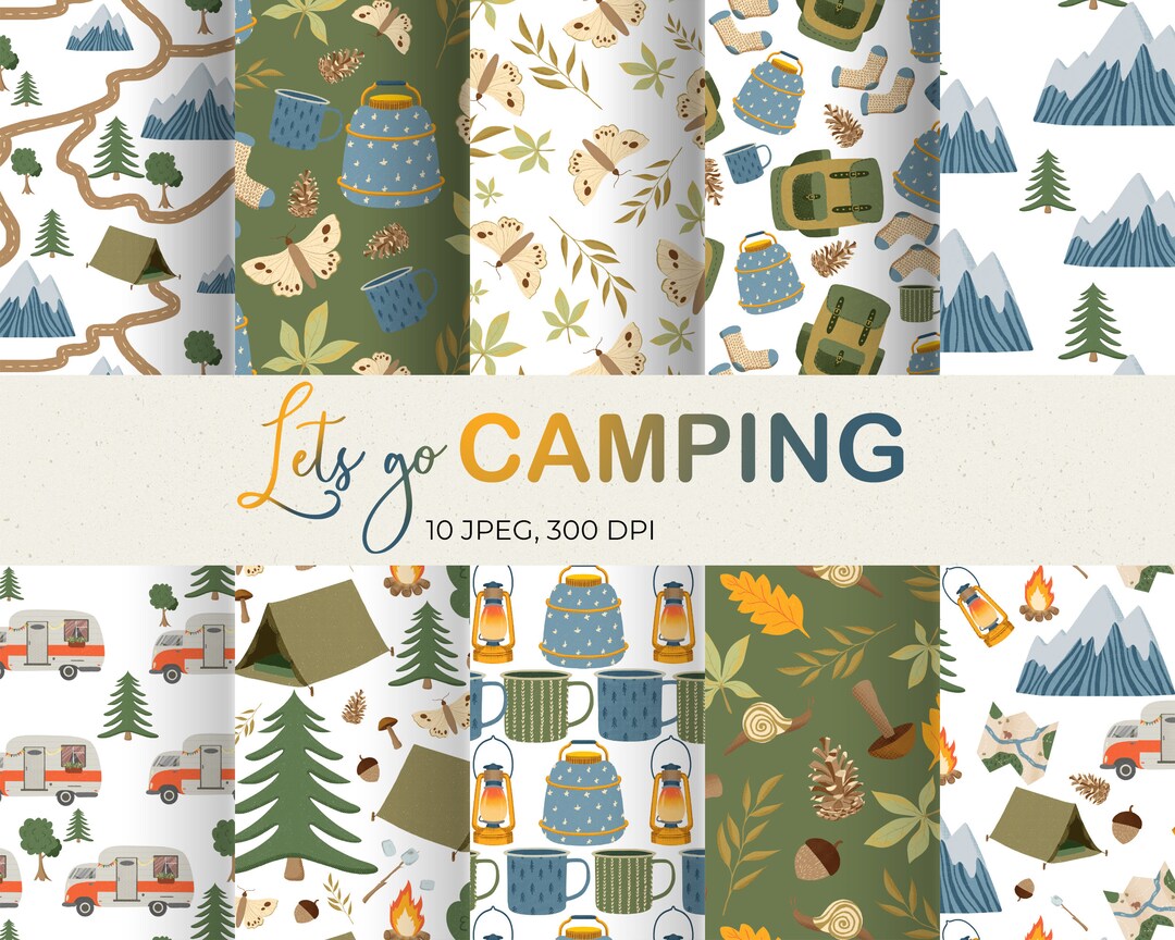 Camping Digital Paper, Camping Seamless Pattern, Travel Clipart, Nature ...