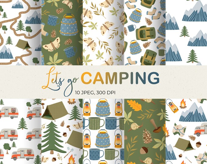 Camping Digital Paper, Camping Seamless Pattern, Travel Clipart, Nature ...