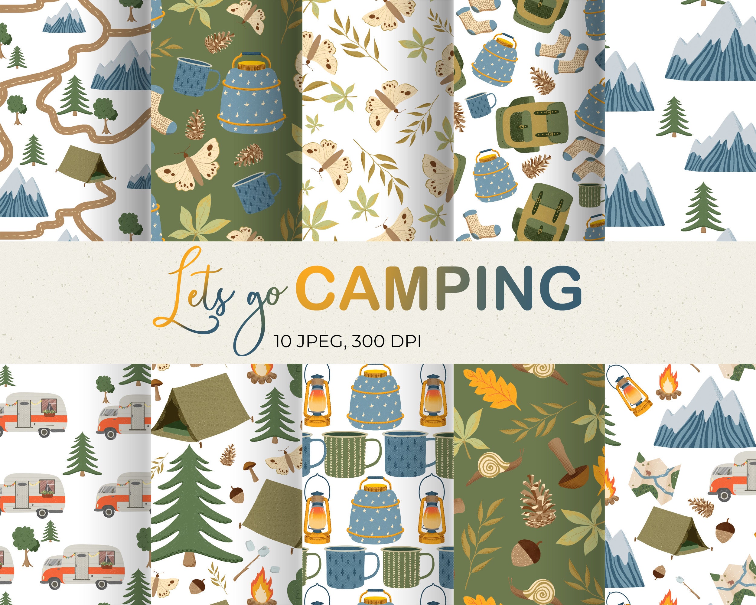 Camping Digital Paper, Camping Seamless Pattern, Travel Clipart, Nature ...