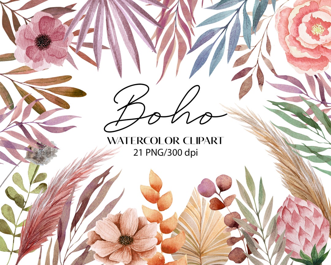 Boho Flowers Clipart, Dried Leaves and Flowers Illustration, Botanical ...