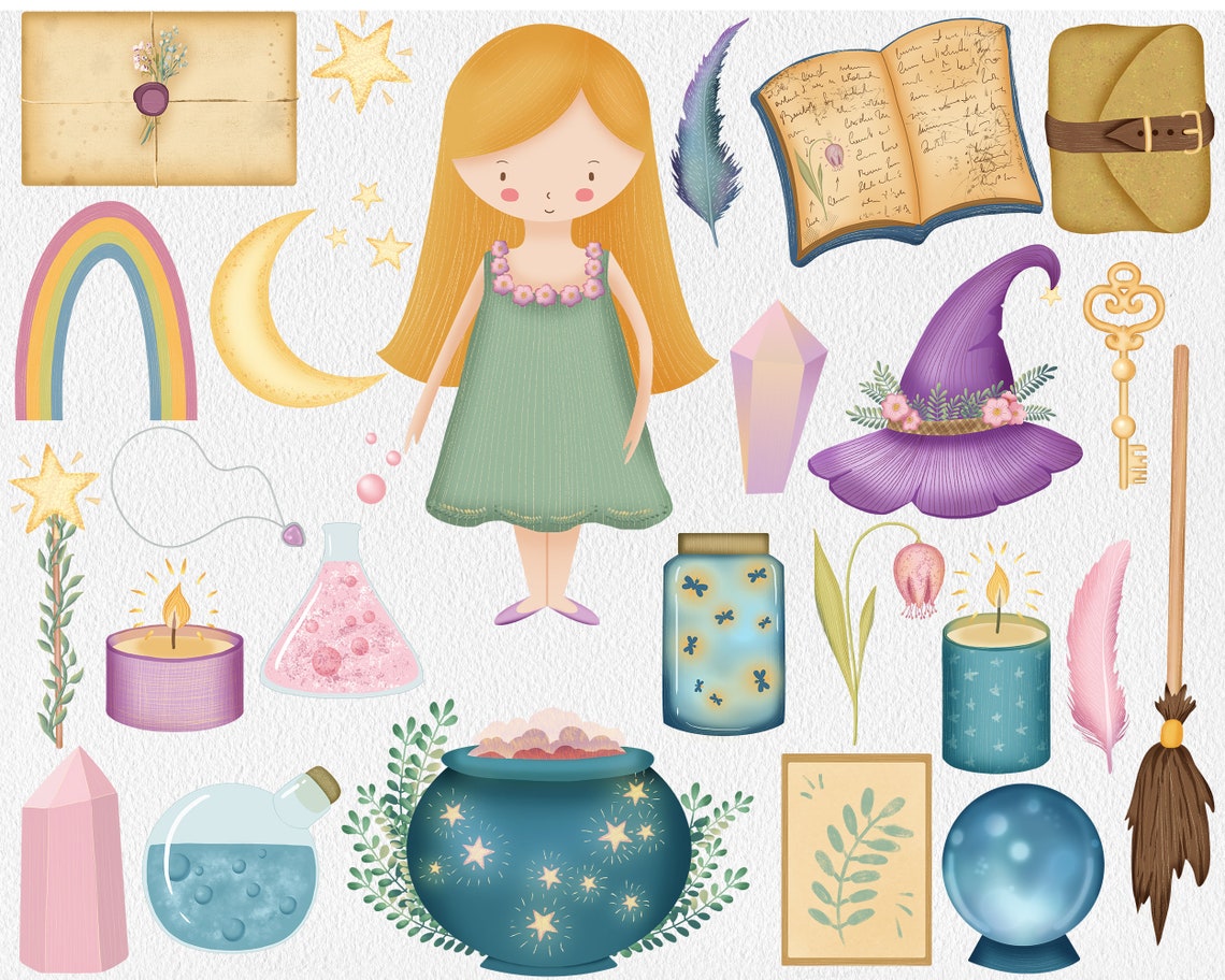Magical Clipart Set, Mystical Clipart, Whimsical Clipart, Magic Staff ...