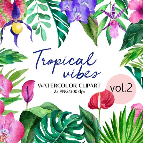 Tropical Leaves and Flowers Clipart Watercolor Summer - Etsy