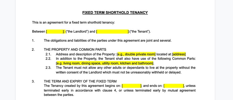 Tenancy Agreement Contract Template Short Term / Fixed Term UK ...