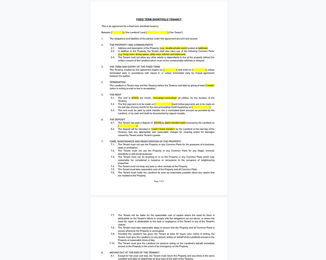 Tenancy Agreement Contract Template Short Term / Fixed Term UK ...