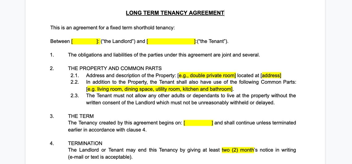 Tenancy Agreement Contract Template Long Term UK Landlords or Tenants ...