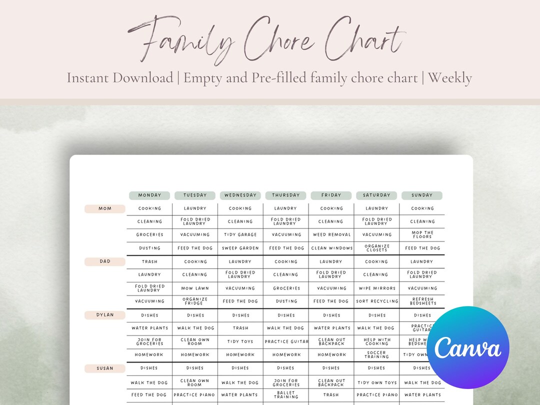 Family Chore Chart Printable Weekly Chore Chart Editable Canva Template ...