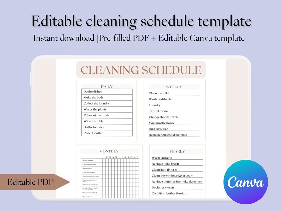 Editable Cleaning Schedule Template Cleaning Checklist Daily Weekly ...