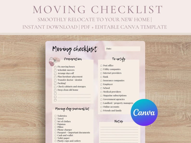 Moving Checklist Prepare, Notify, Survive Moving Day Printable PDF ...
