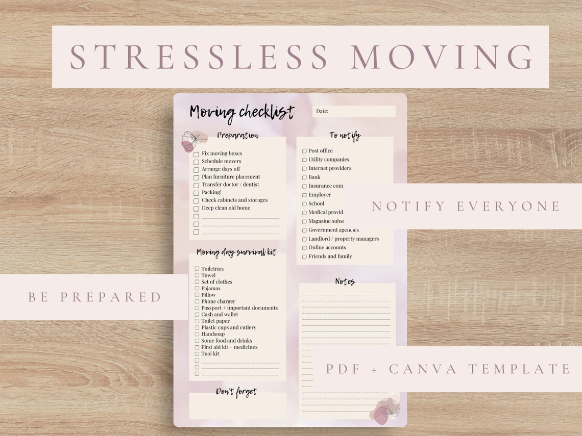 Moving Checklist Prepare, Notify, Survive Moving Day Printable PDF ...