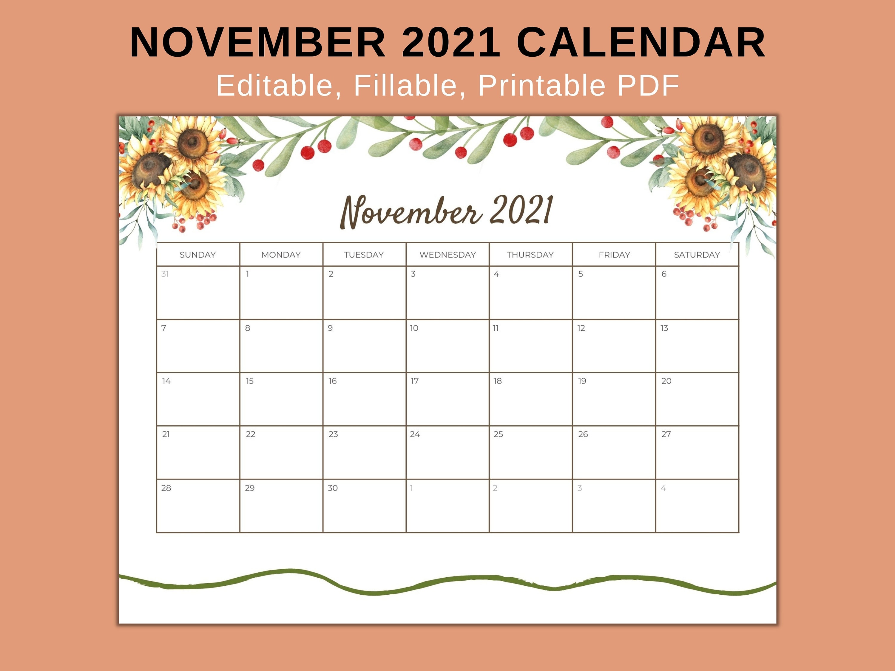 November 2021 Calendar, Daisy Theme - Etsy