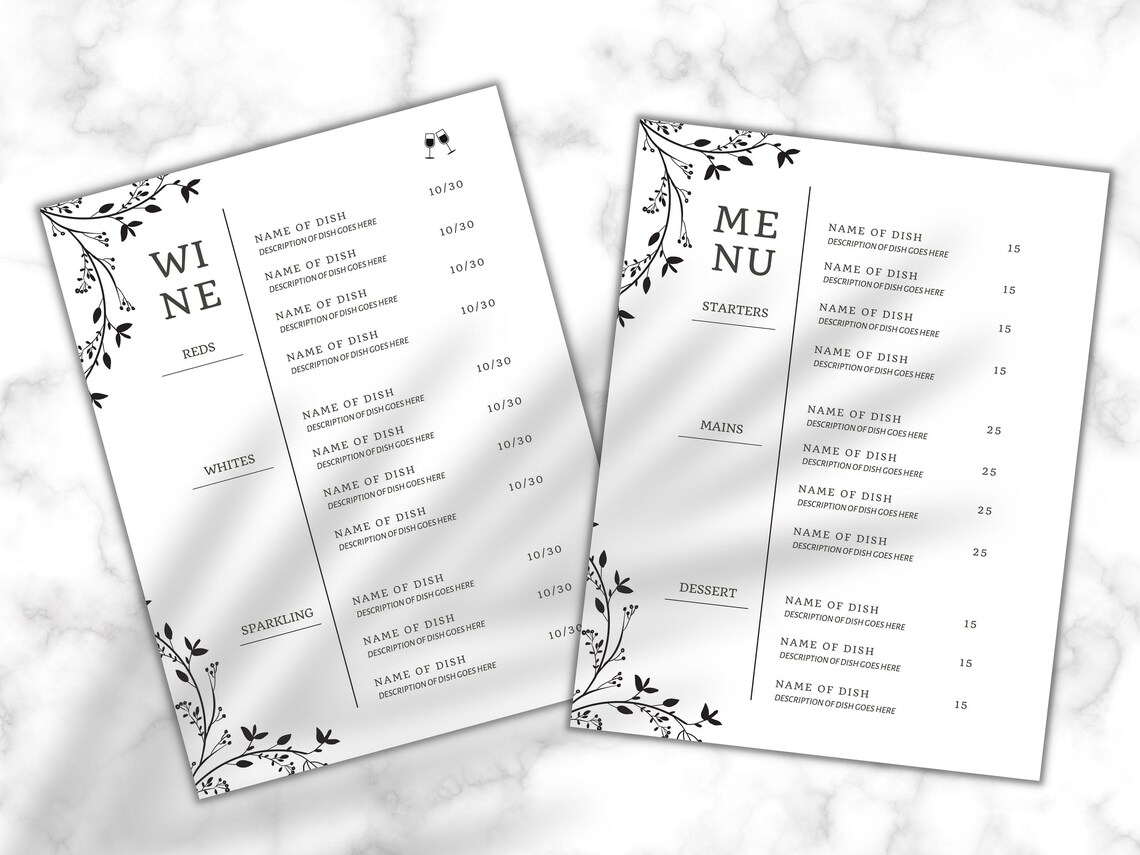Editable Wine Menu List, Restaurant Menu Template, Wedding Wine Menu ...