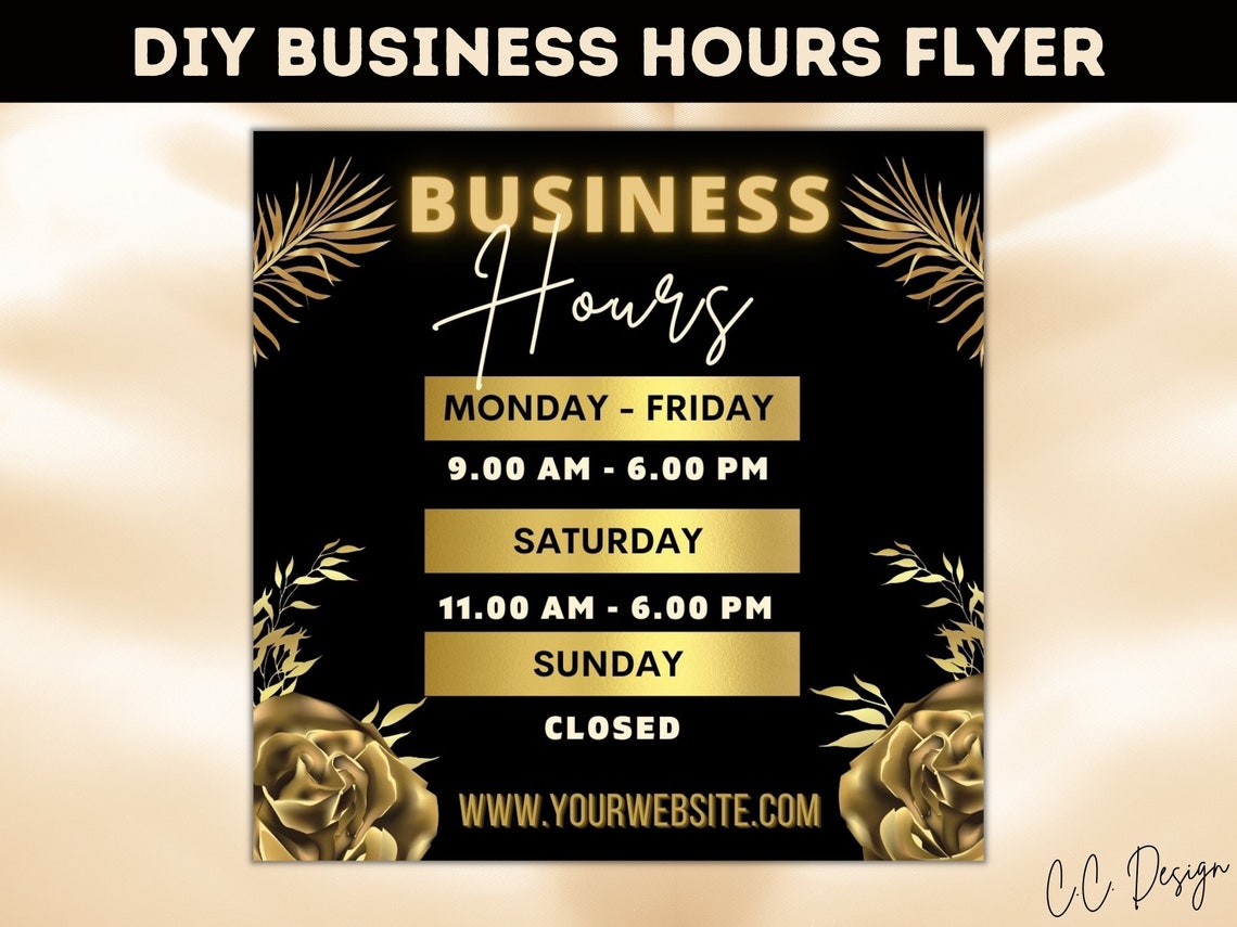 Gold Business Hours Sign for Social Media, Editable Open Hours Flyer ...