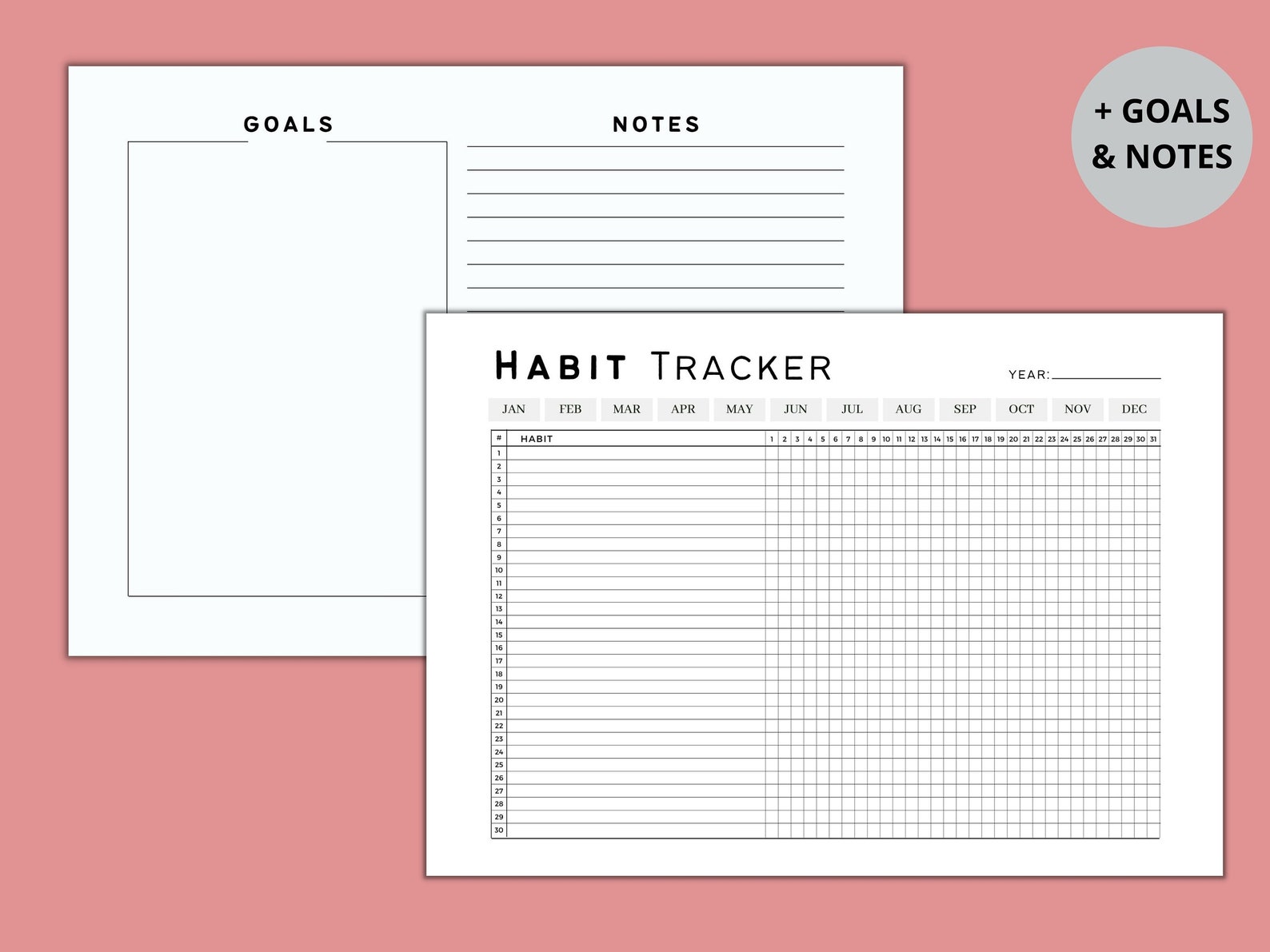 Monthly Habit Tracker, Printable Habit Log, Digital Goals and Notes ...