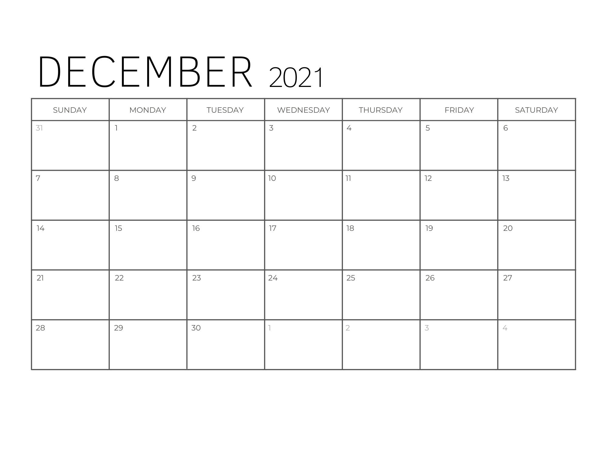 December Calendar 2021, Simple Minimalist Calendar - Etsy