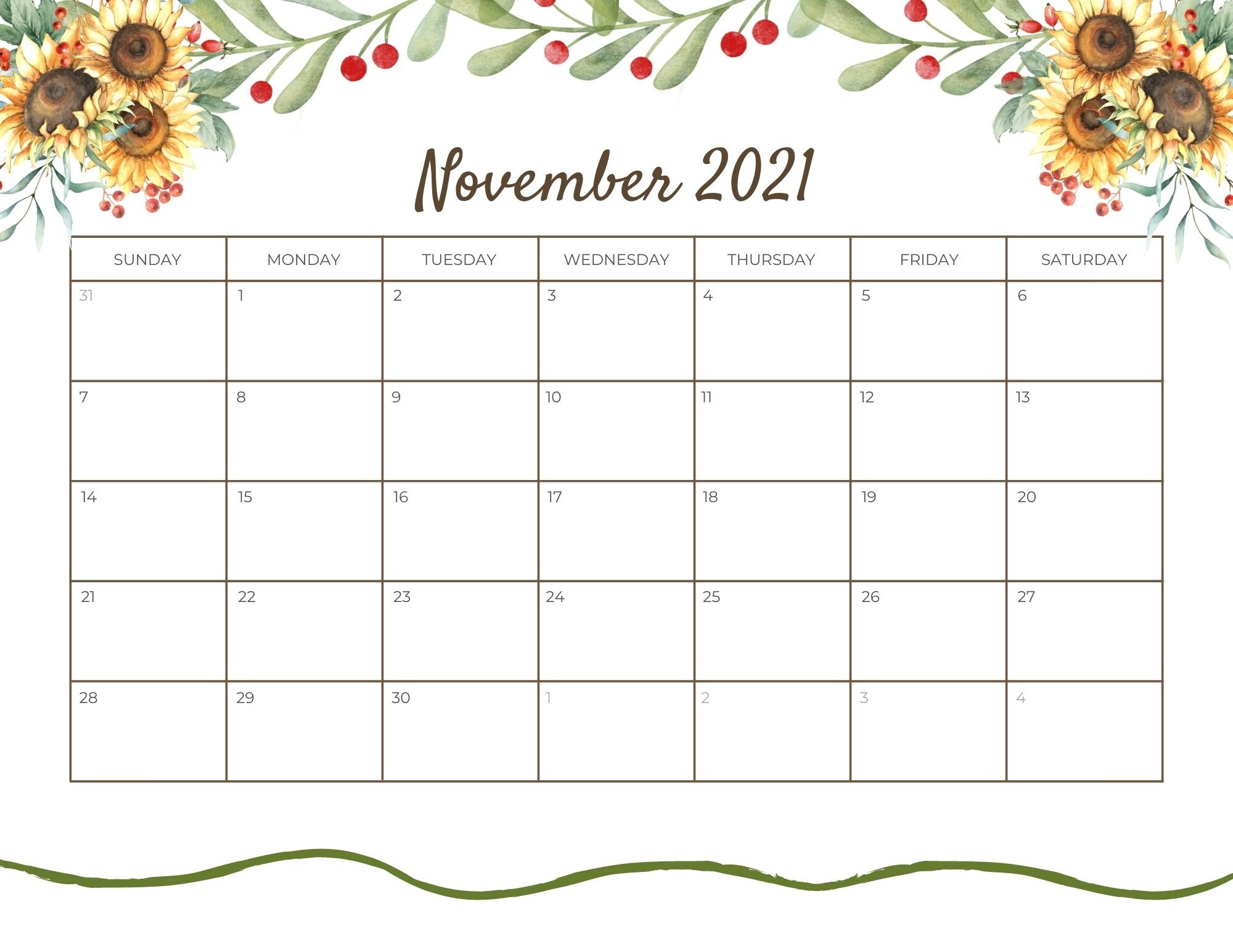 November 2021 Calendar, Daisy Theme - Etsy