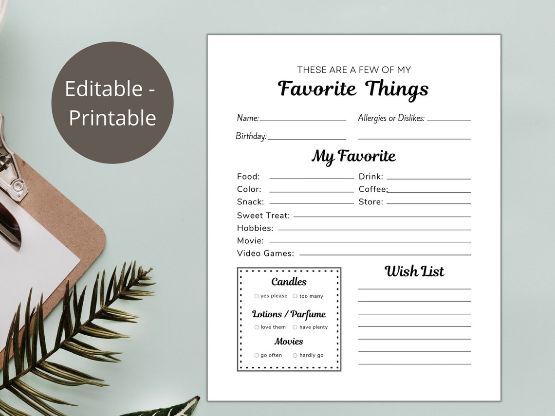 Editable My Favorite Things, Printable Questionnaire,wish List Survey ...