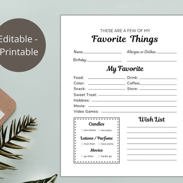 Favorite Things Questionnaire - Etsy
