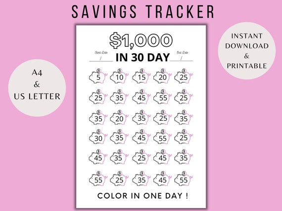 Monthly Savings Challenge Printable Save 1000 in 30 Days - Etsy