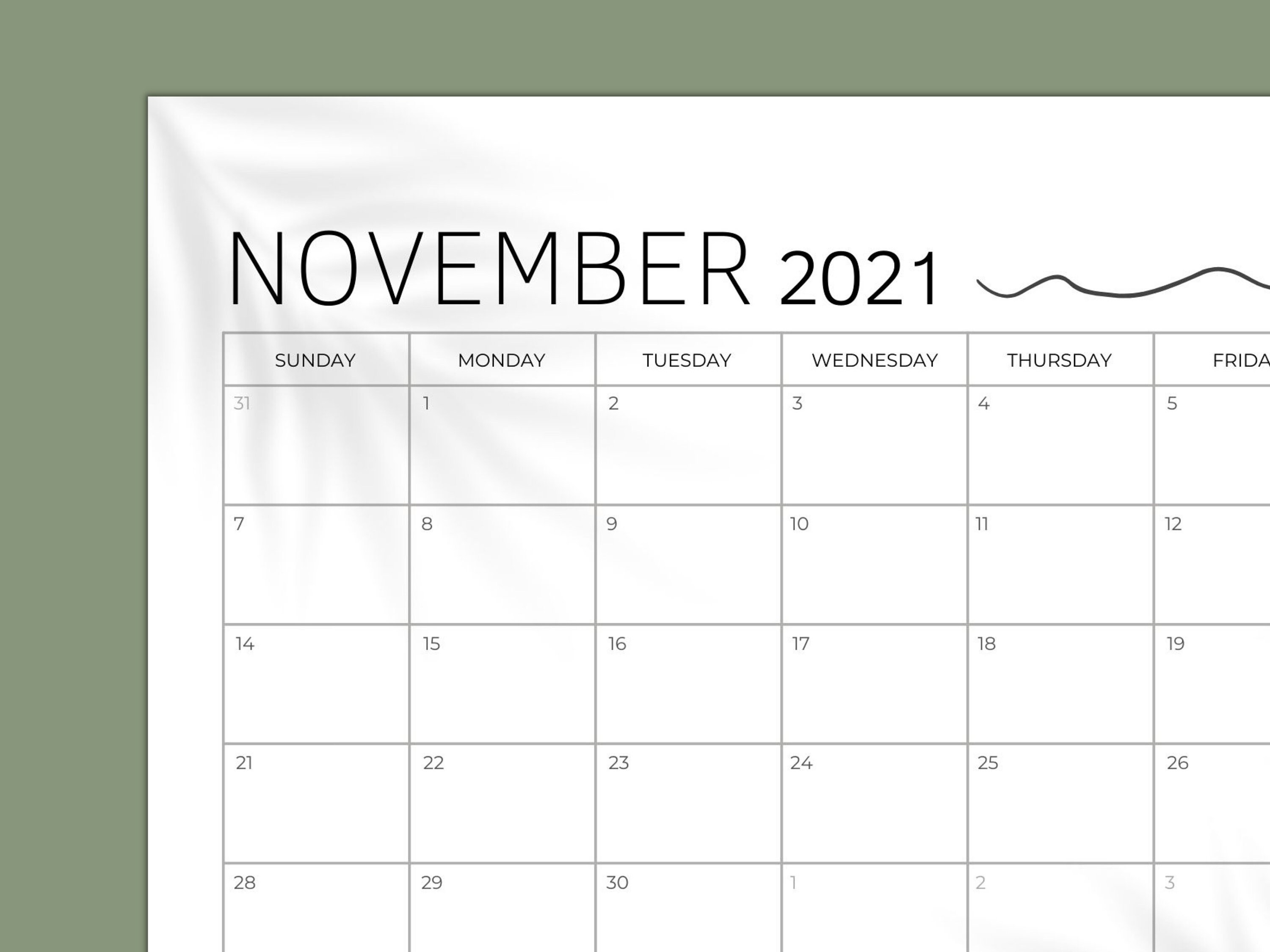 November 2021 Printable Calendar, Minimalist Monthly Calendar - Etsy
