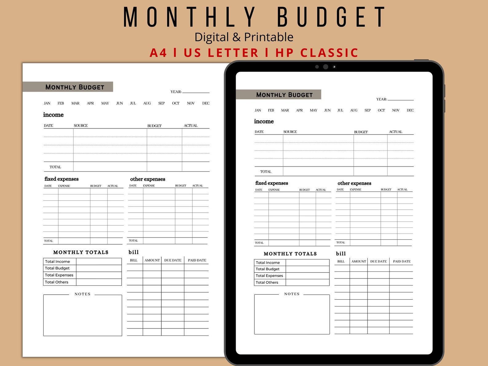 Monthly Budget, Financial Planner, A4, US Letter, HP Classic Size ...
