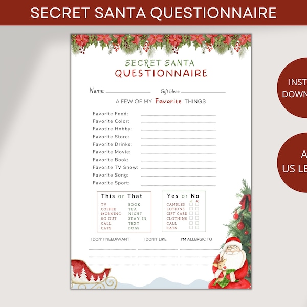 Adult Secret Santa Questionnaire - Etsy