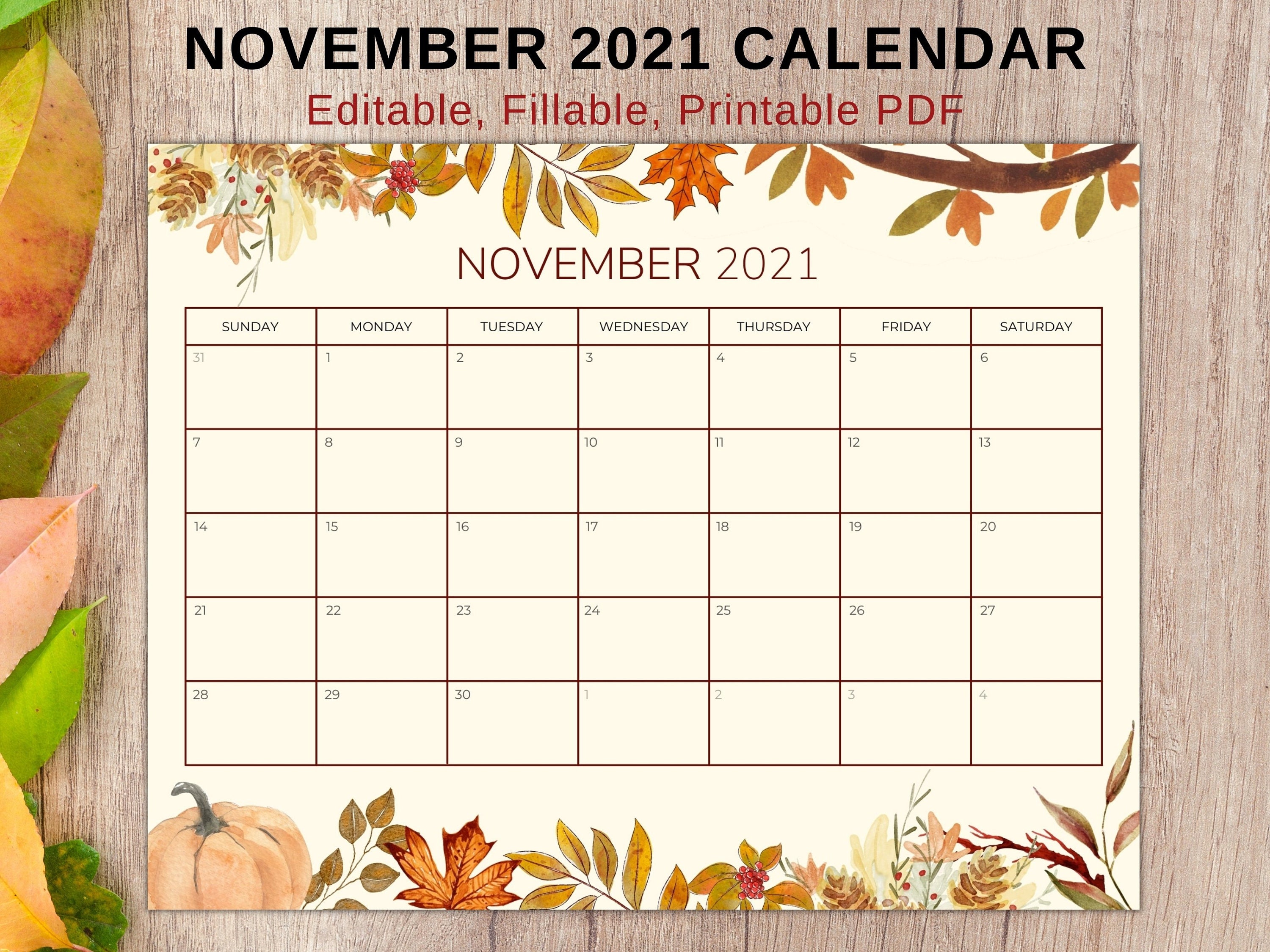 November 2021 Calendar, Printable Fillable Editable, Autumn Flowers ...