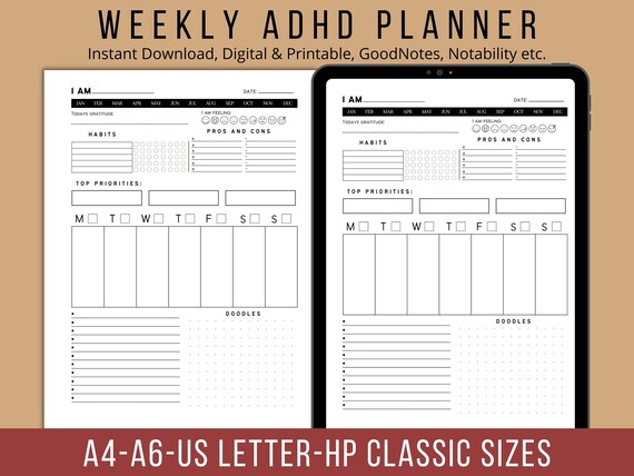 Weekly ADHD Planner Digital ADHD Productivity Planner | Etsy
