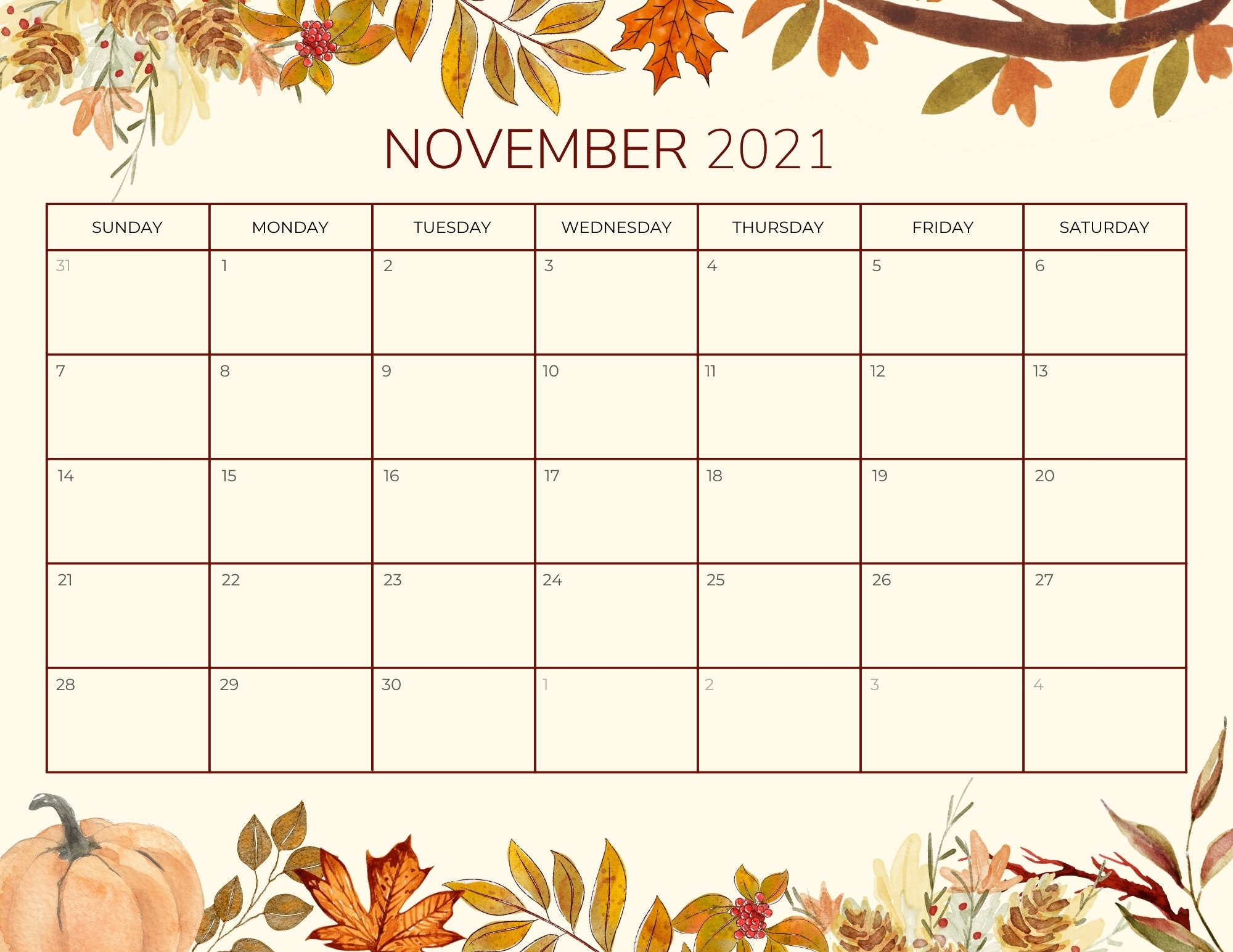 November 2021 Calendar, Printable Fillable Editable, Autumn Flowers ...