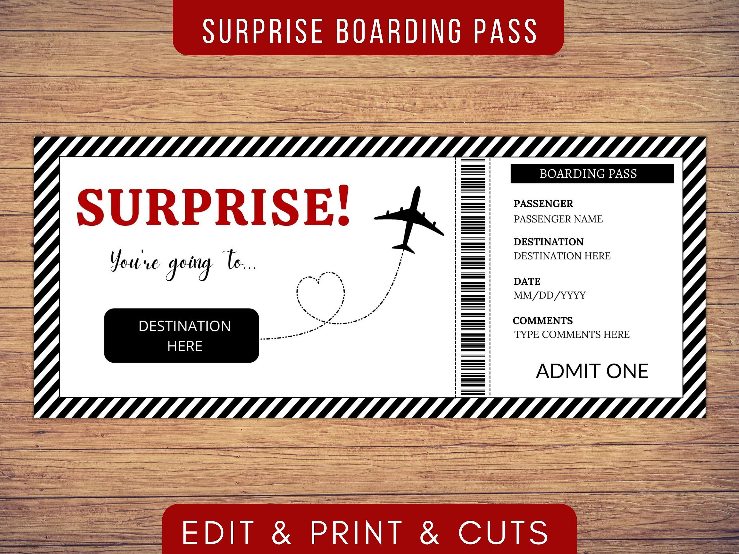 Surprise Boarding Pass Template, Trip Plane Ticket Gift, Airplane ...