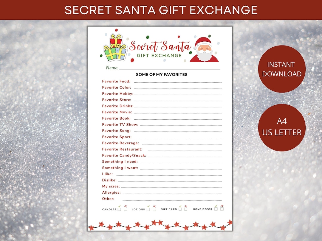 Printable Secret Santa Gift Exchange, Favorite Things, Santa ...