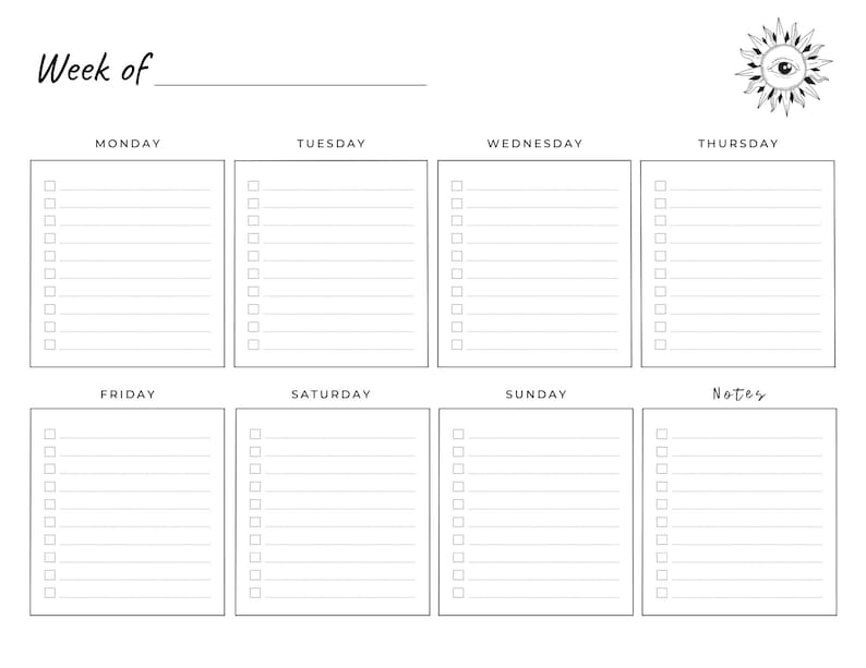 Weekly Planner Printable to Do List, Sun Themed Mystical Schedule - Etsy