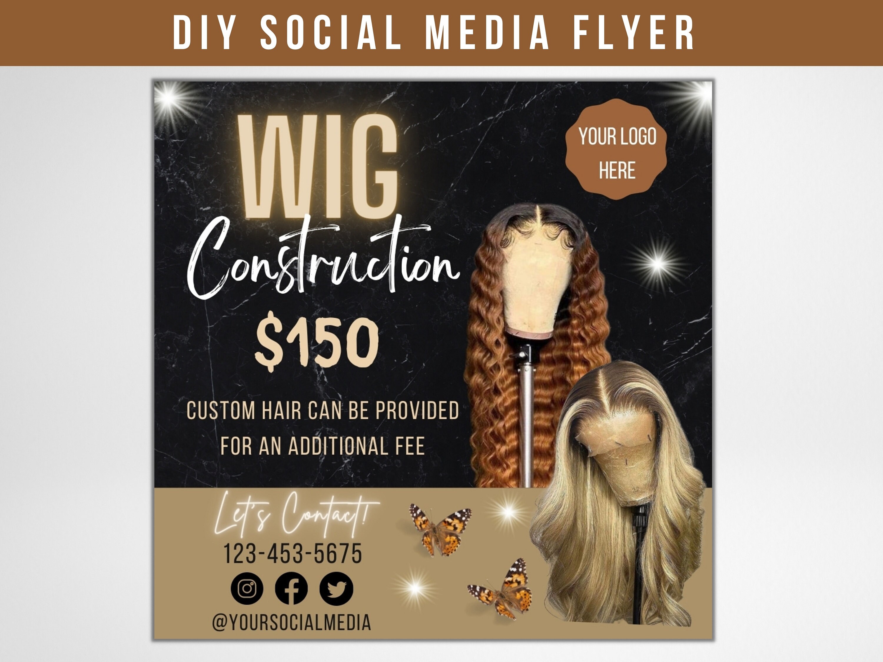 DIY Wig Construction Social Media Flyer Editable Hair Sale | Etsy Canada