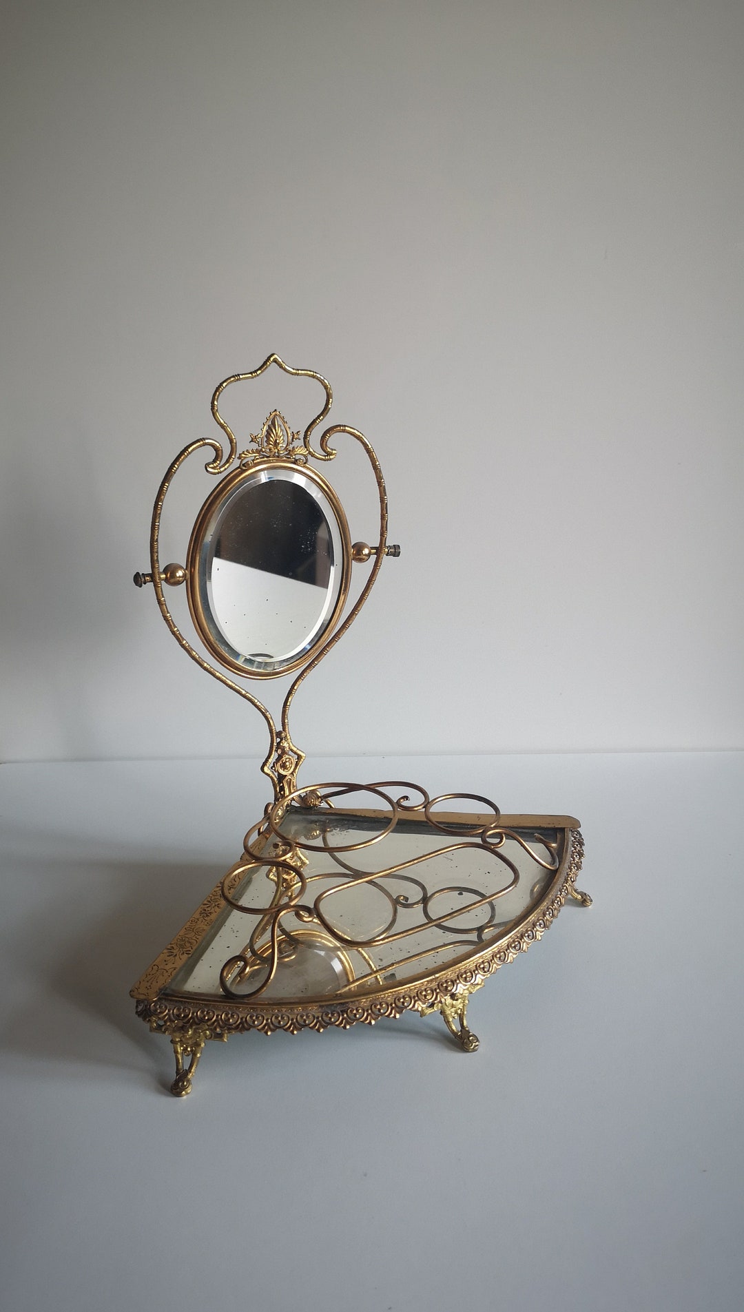 Amazing Antique Vanity Scene Set Stand, Mirror and 20th Century Brass ...
