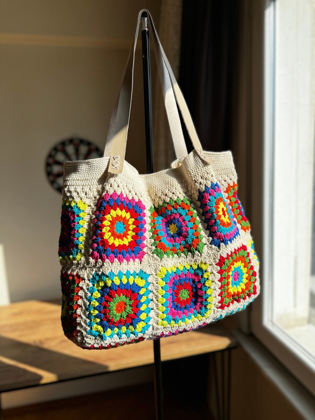 Crochet Granny Square Tote Bag, Cotton Afghan Shoulder Bag, Gift for ...