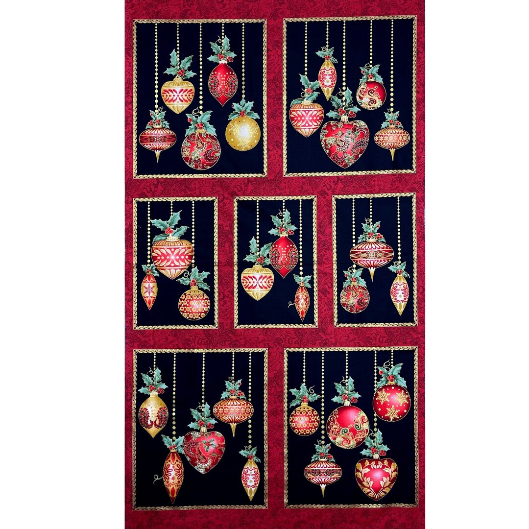 A Festive Season Fabric PANEL, Christmas Baubles Red, Gold Metallic ...
