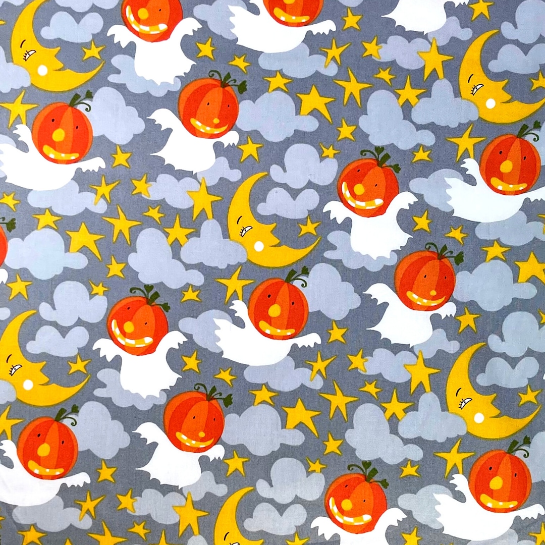 Happy Halloween Vampire Fabric, Moon, Stars, Orange Pumpkins, Free ...
