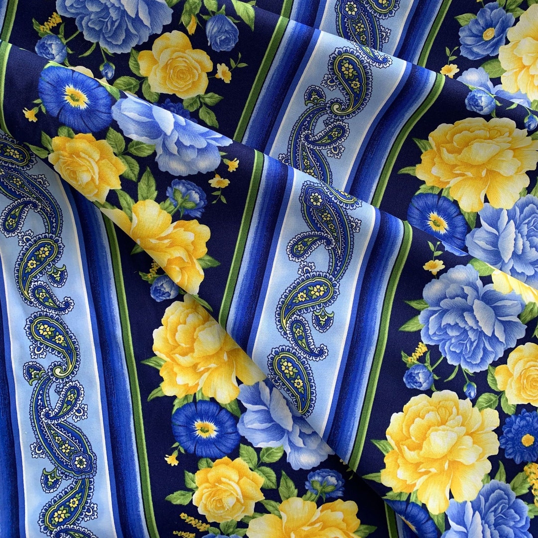 Angelica Border Quilting Fabric, Blue Yellow Timeless Treasures Floral ...